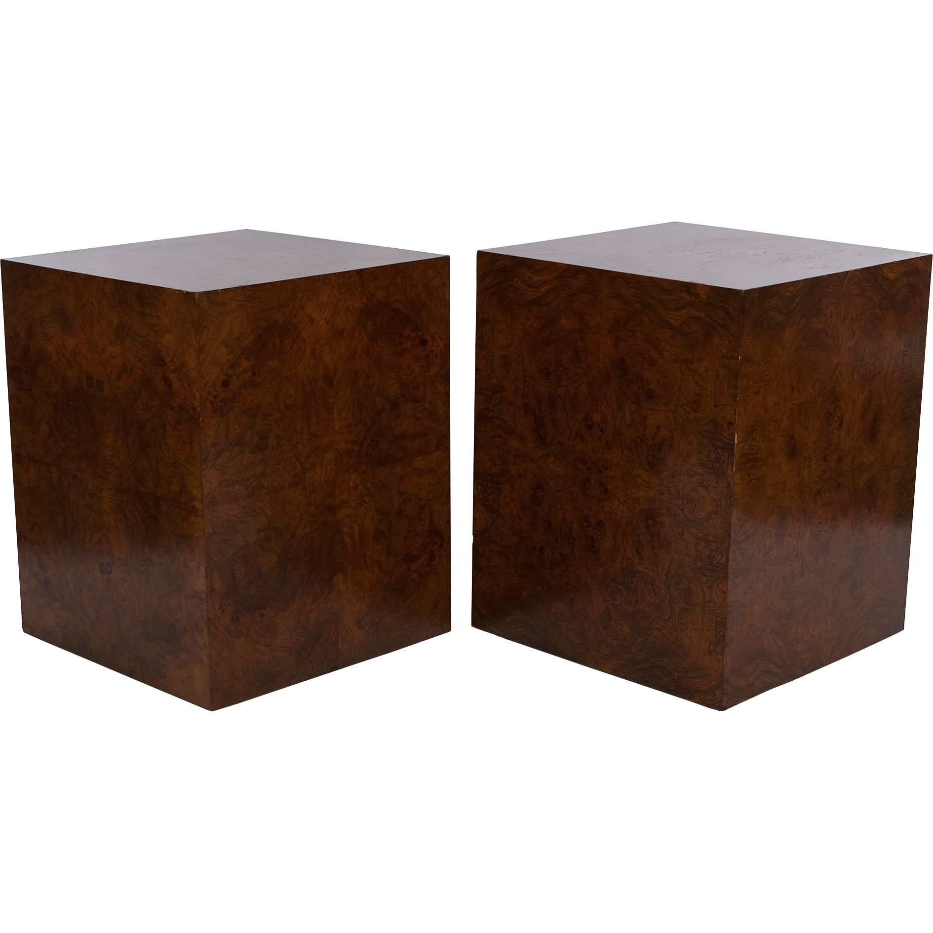 Milo Baughman Walnut Burl Cube Tables - A Pair | Chairish