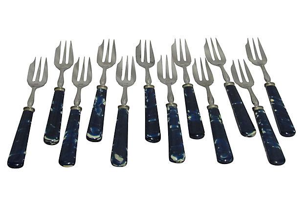 French Blue & White Dessert/Fish Forks - Set of 12 | Chairish
