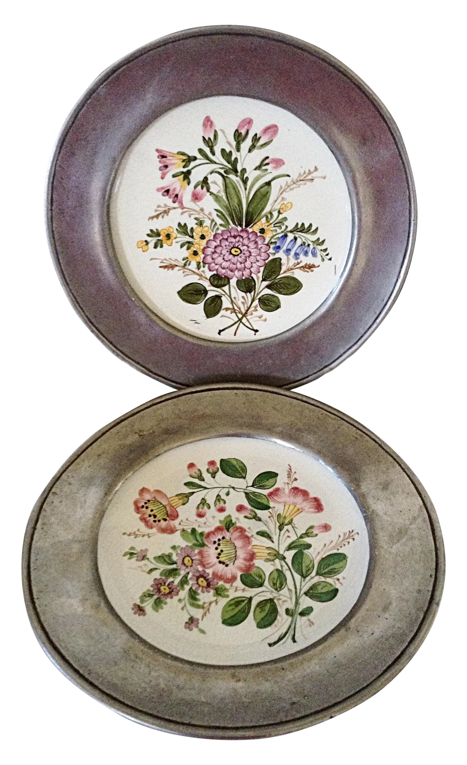 Italian Bassano Plates Mounted in Pewter - A Pair | Chairish