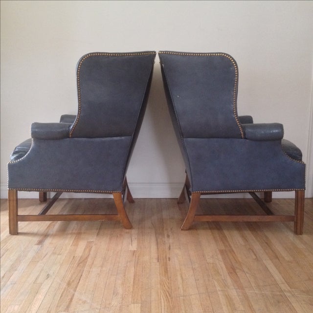 Blue Leather Wing Back Chairs - A Pair | Chairish