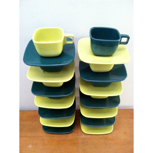 Retro Melamine Cups and Saucers - Set of 14 | Chairish