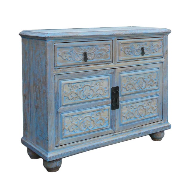 Shabby Rustic Light Blue High Credenza Cabinet | Chairish