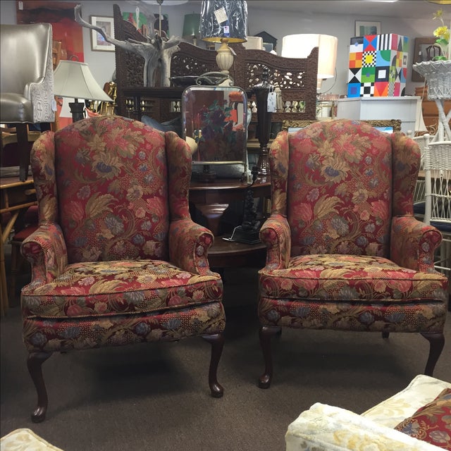 Red Floral Wing Back Chairs - A Pair | Chairish