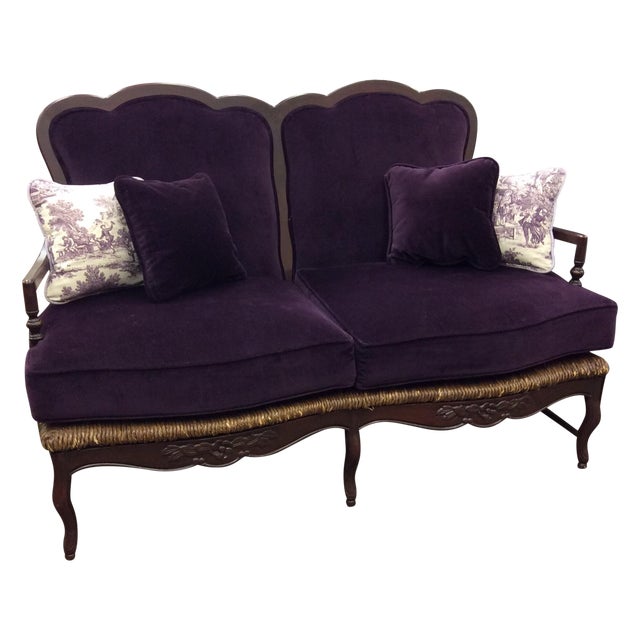 French Purple Velvet Bench with Rush Seating | Chairish