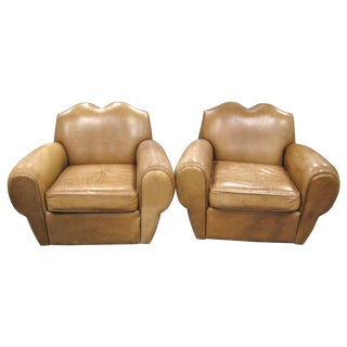 French Leather Tan Club Chairs - A Pair